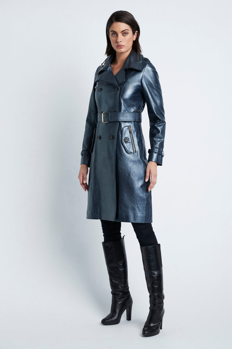 Double Breasted Trench in Leather Metallic Blue – Wendy Murray Design